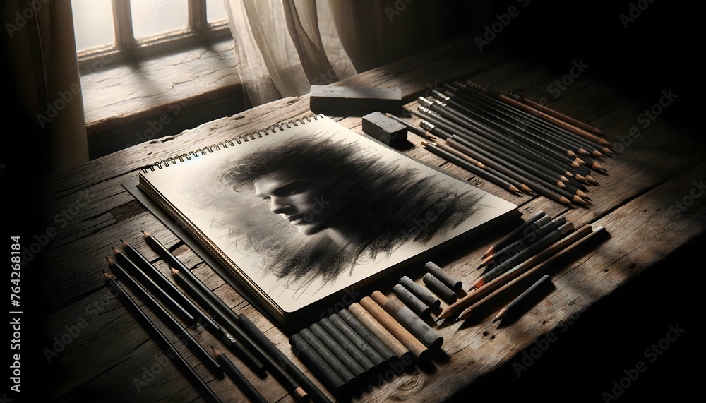 A Ray Of Sunlight Illuminates A Realistic Charcoal Portrait Sketch On