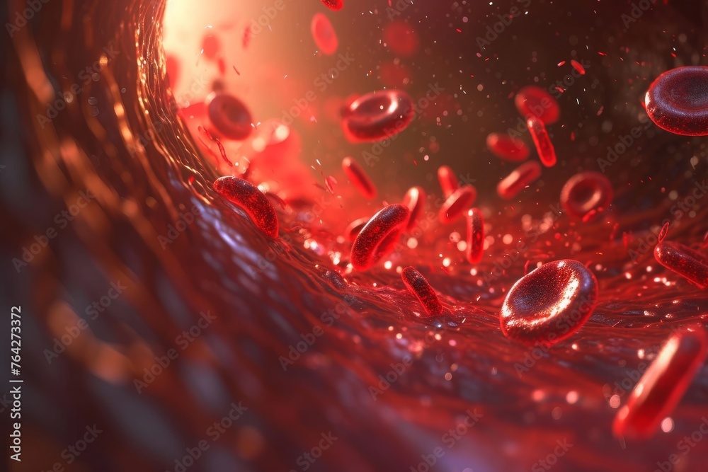 A photograph capturing red blood cells actively flowing through a blood ...