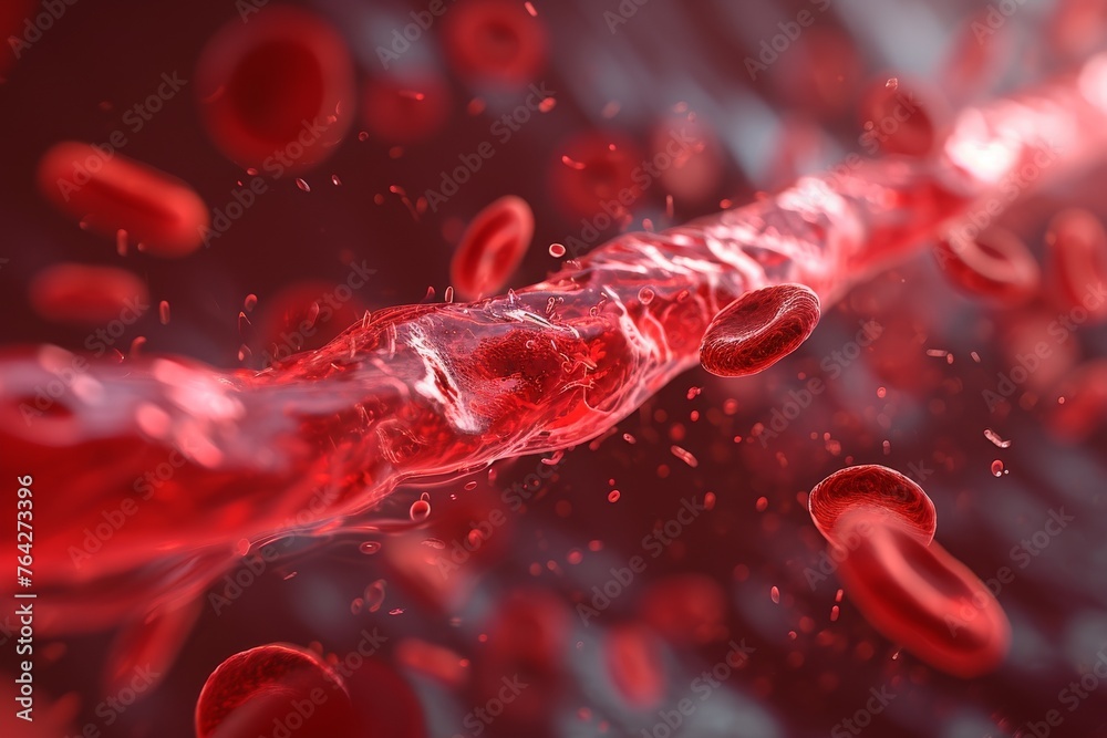 A close-up photo capturing a blood vessel where red blood is seen ...