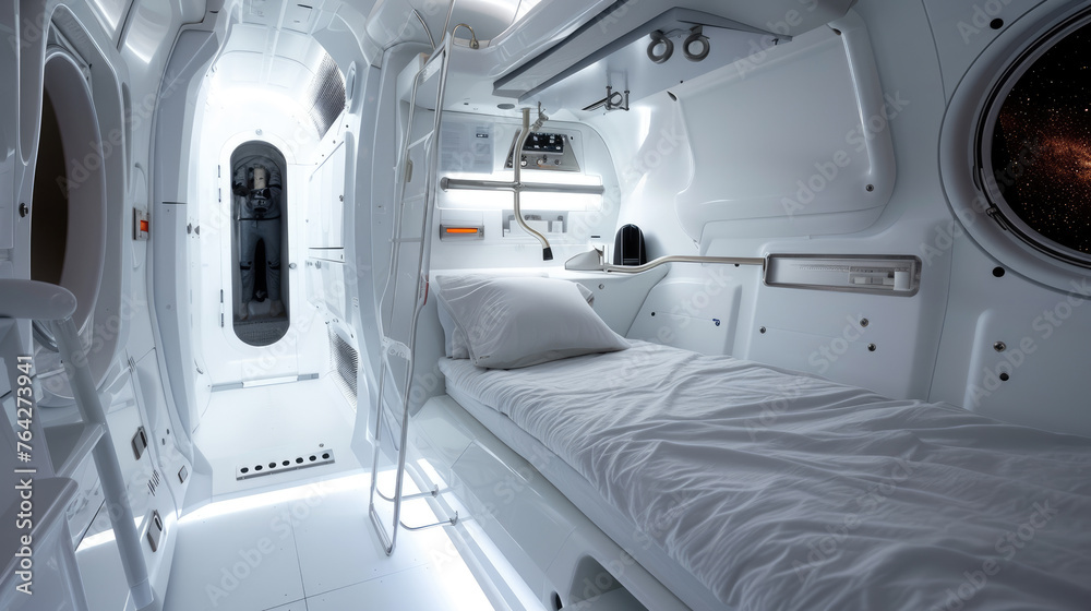 Spaceship room interior, design of small white habitat with bed in ...