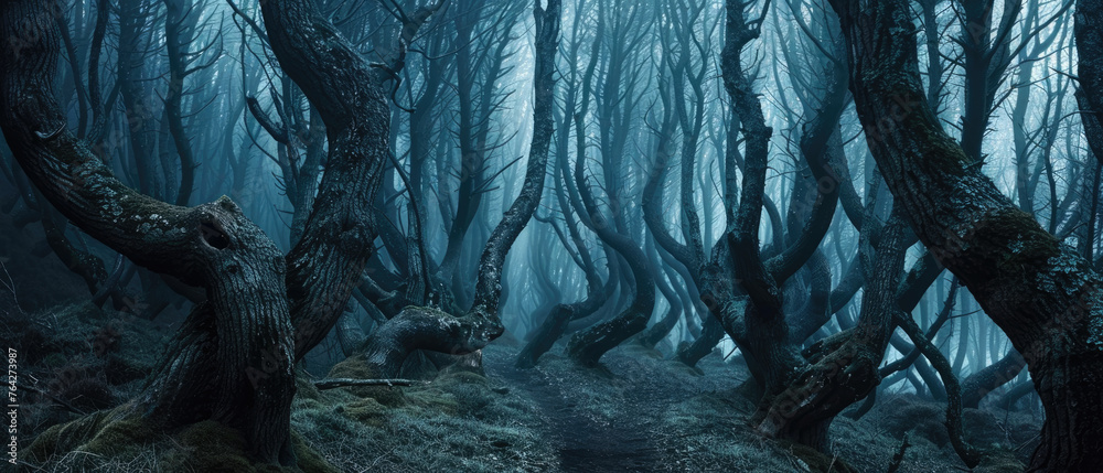Dark scary creepy woods in mist, spooky fairy tale forest at night ...