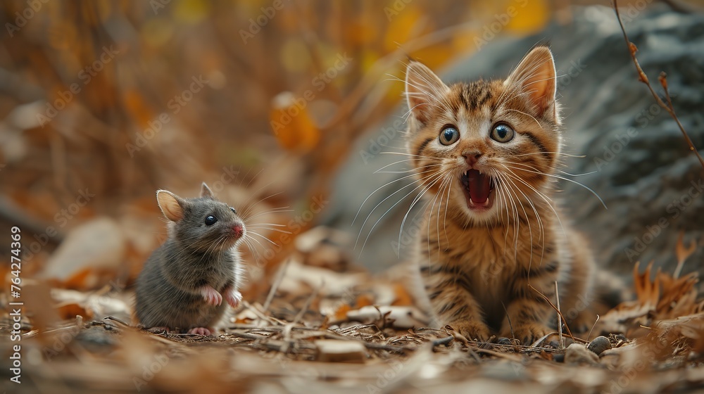 Cat and mouse outside, the feline's predatory gaze locked on the ...