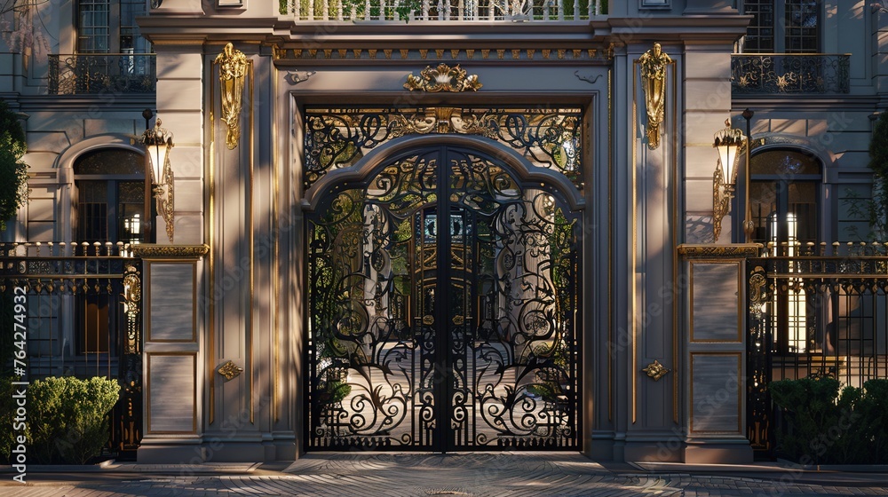 A high-end residential gate with intricate metalwork, decorative motifs ...