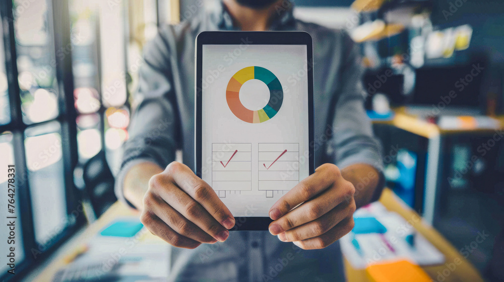 Businessman with digital screen showing a check mark, progress bar, and ...