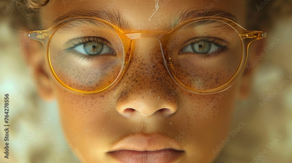 A close-up of a young boy modeling avant-garde eyewear, his look ...