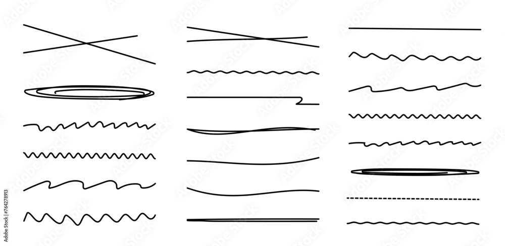 Isolated strike through and underline elements. Set of hand drawn black ...