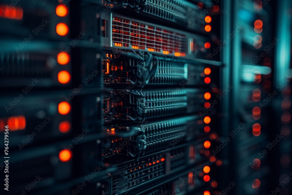 A line of high-performance servers housed in a large data center, ready ...