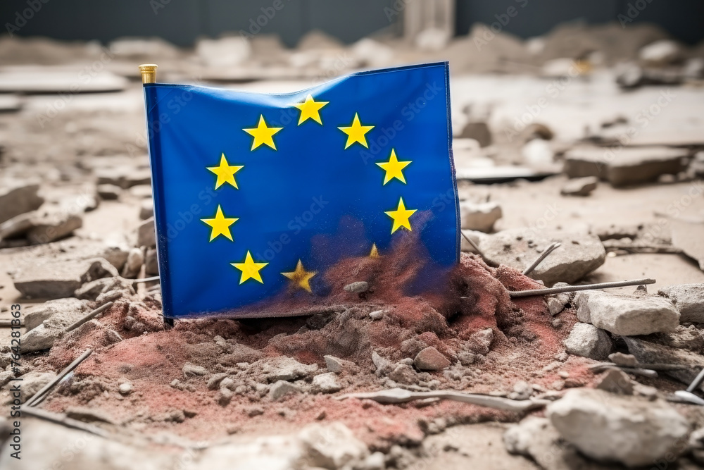 European Union flag in the middle of ruins and destruction, war and ...