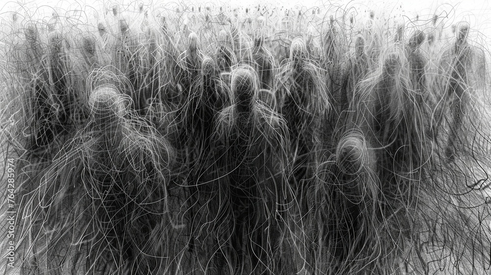 The black and white drawing depicts many faceless figures of people in ...