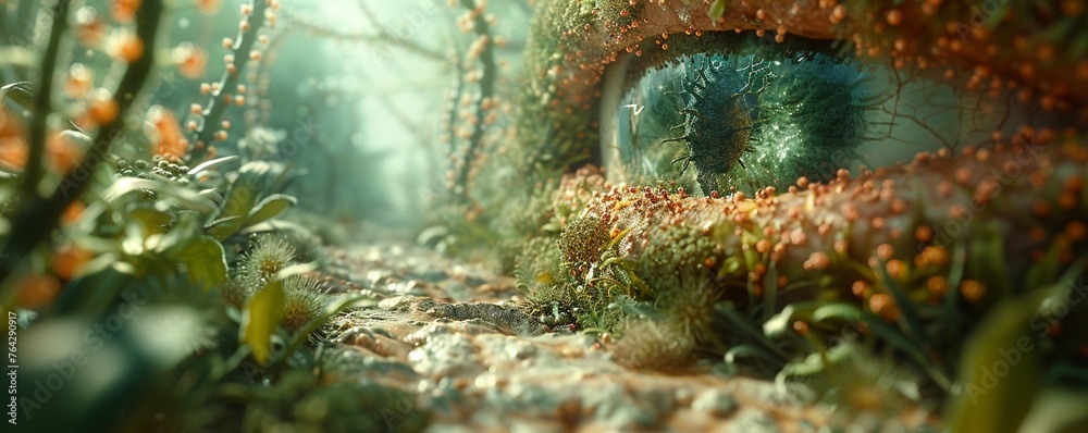 Visualize a close-up shot at eye-level of a genetically modified ...