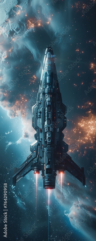 Design a unique rear view angle of a spacecraft traveling through a ...