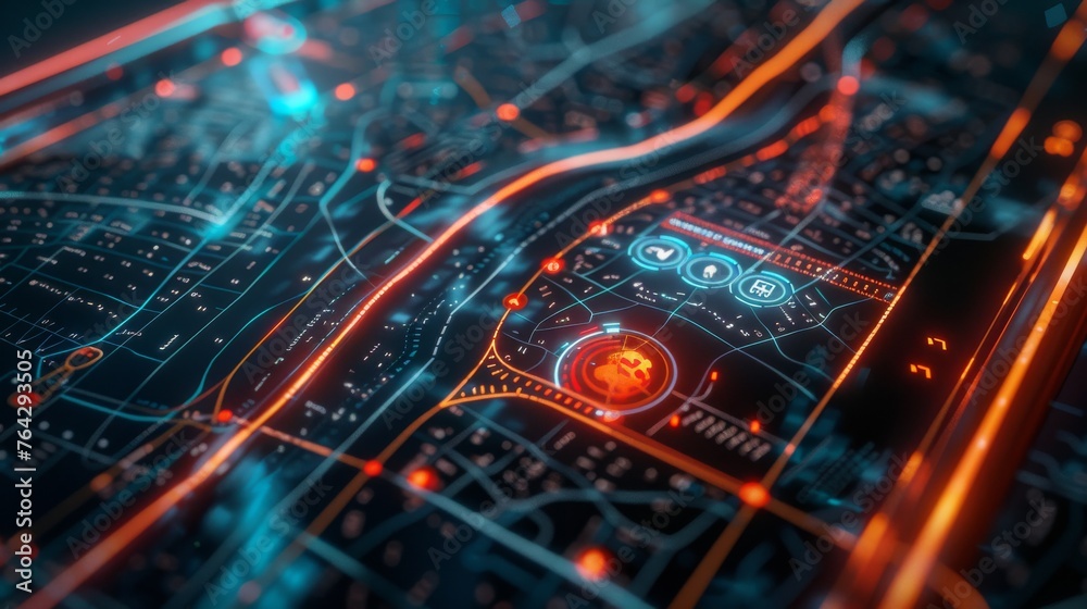 A route dashboard display with city map navigation, representing the ...