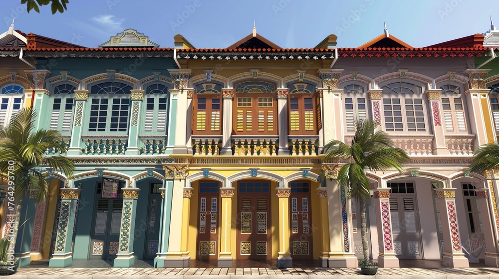 A Singaporean shophouse exterior design featuring colorful facades ...