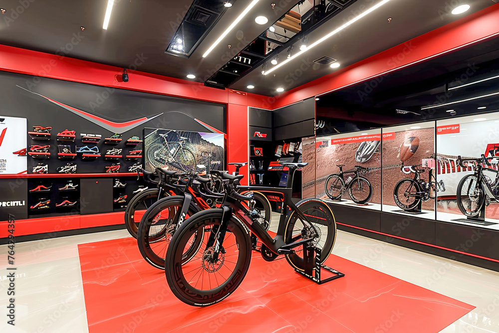 Bicycle shop showcases rows of sleek bicycles, shelves brimming with ...
