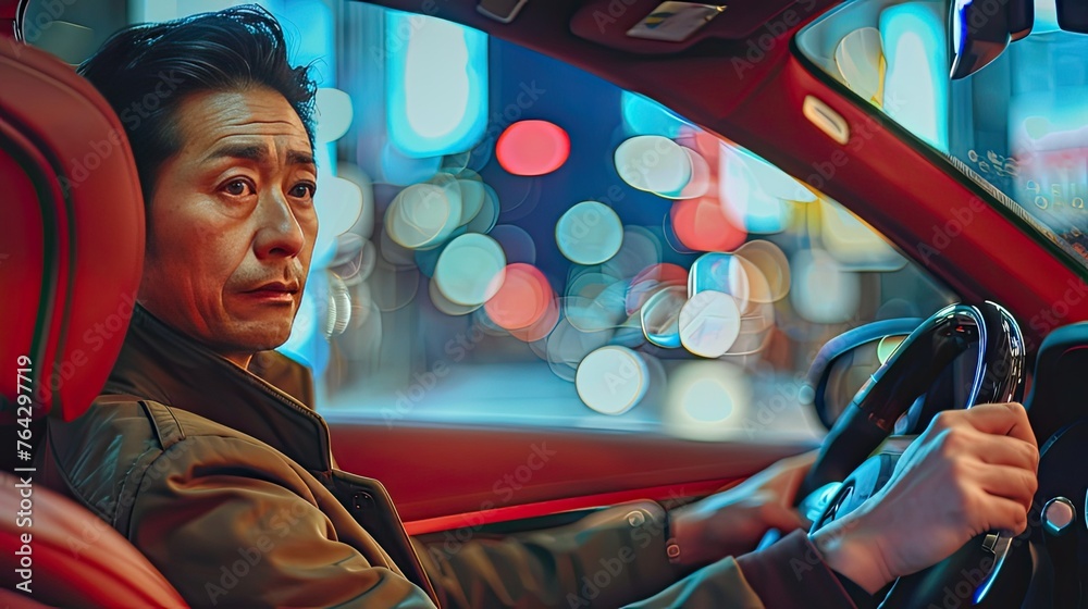 A handsome Japanese man in his late thirties driving a red car during a ...