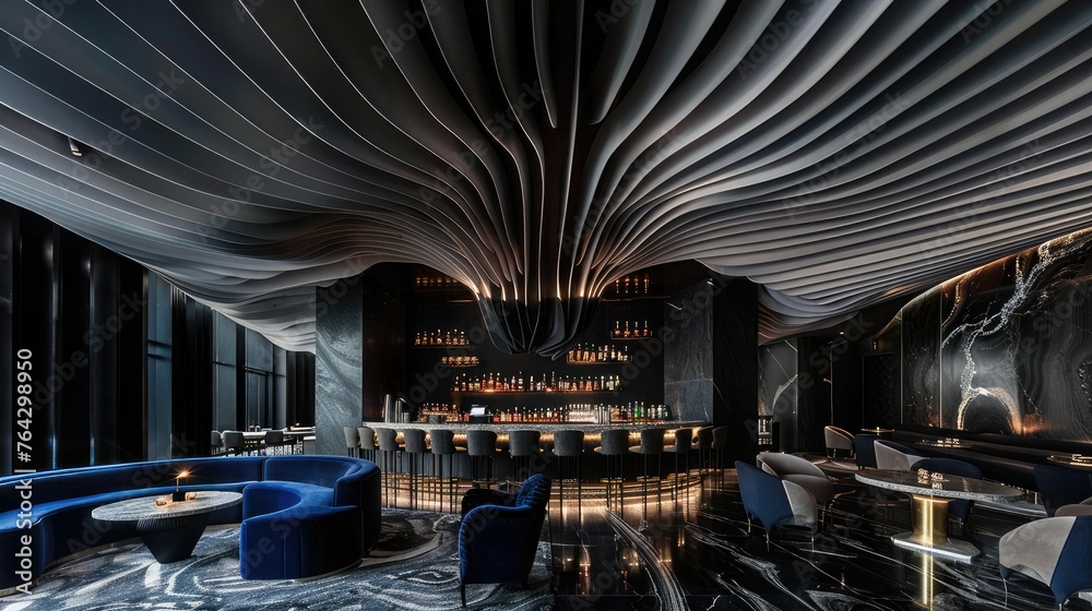 Hotel lobby ceiling with curved lines and wave shape, with reception ...