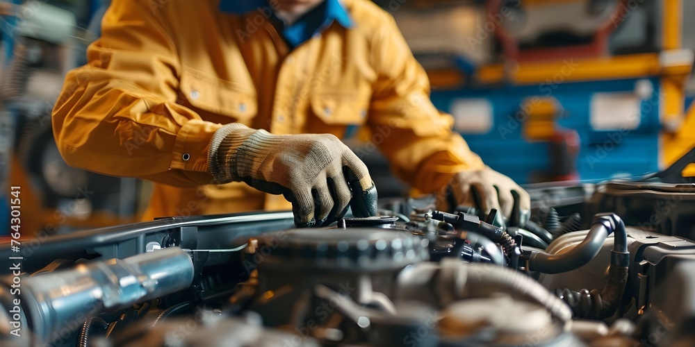 Mechanic repairing a car in a fully equipped workshop. Concept Car ...