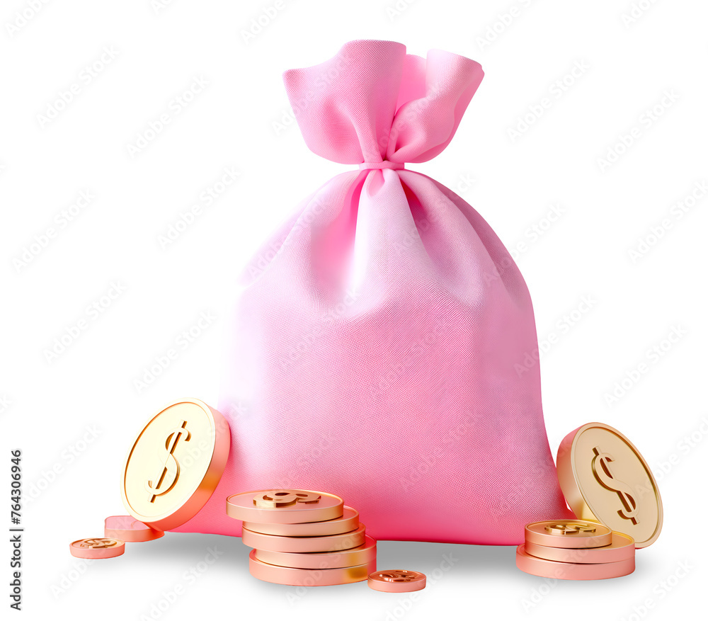 3d render of pink money bag with coins on isolated transparent png ...