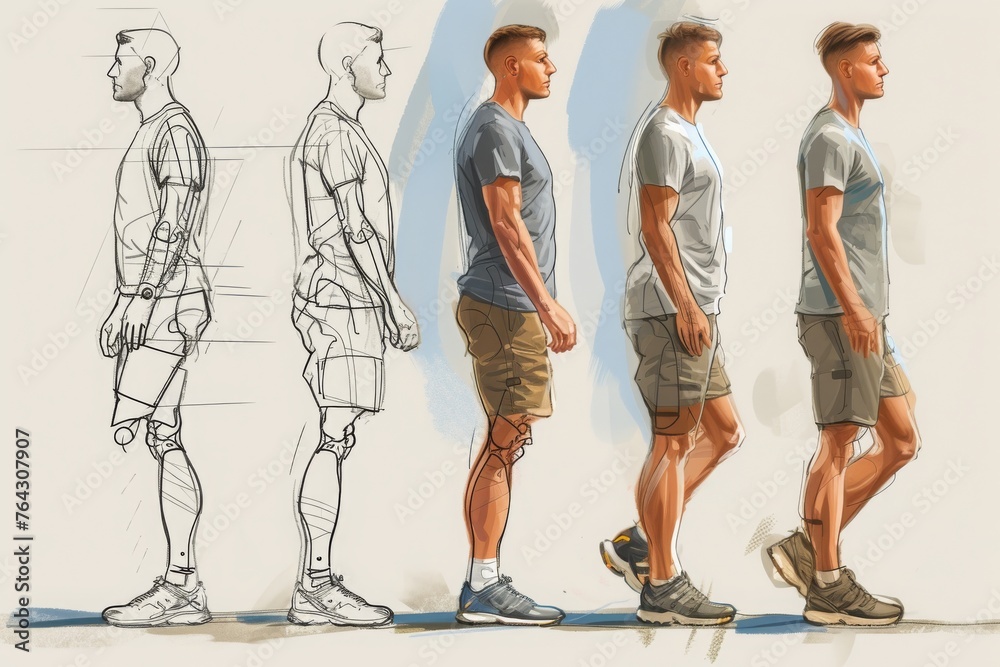 A collection of sketches depicting a man in different poses and ...