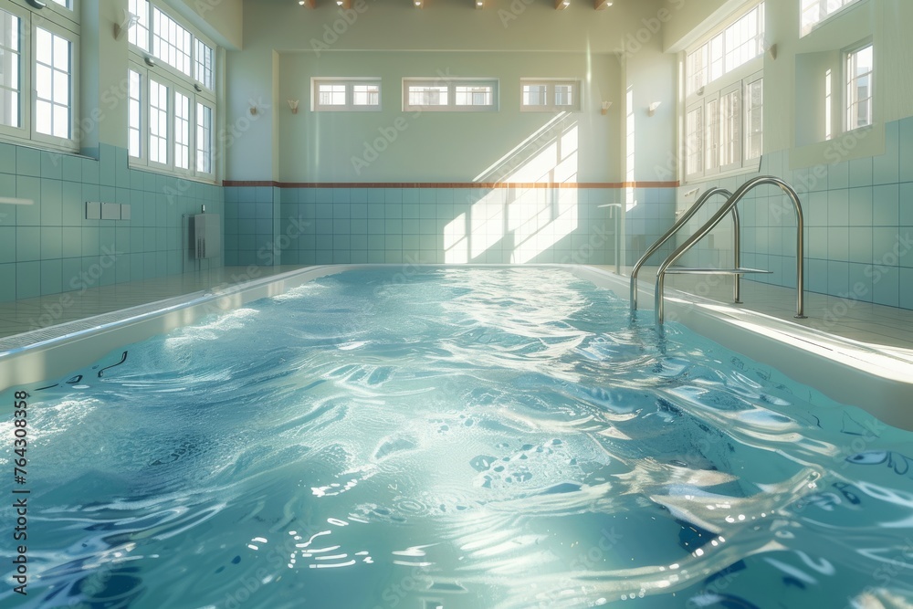An image of a spacious indoor swimming pool filled with crystal clear ...