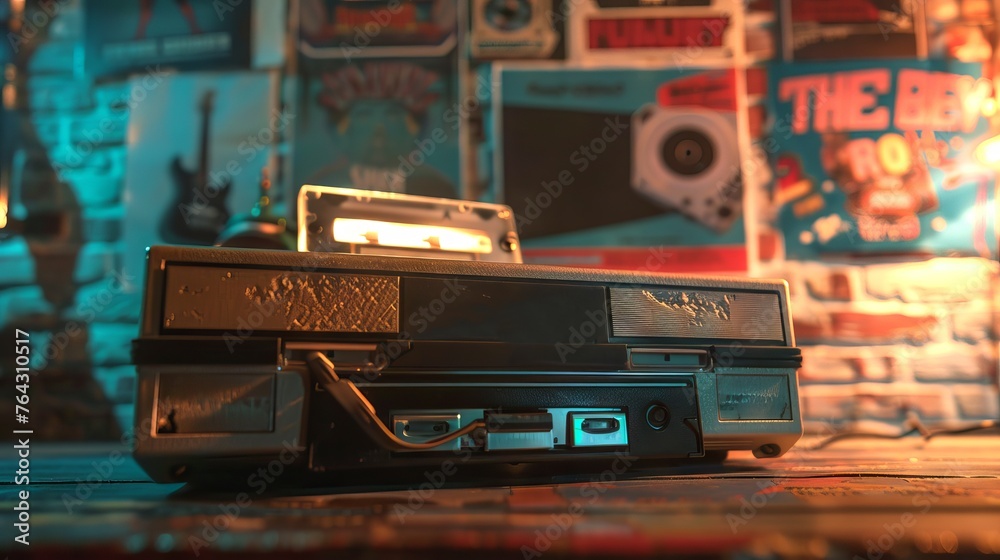A vintage cassette player on a table amidst a warmly lit retro music ...