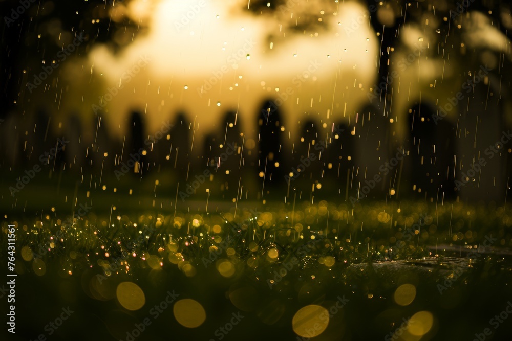 A photo capturing the sunlight shining through raindrops on blades of ...