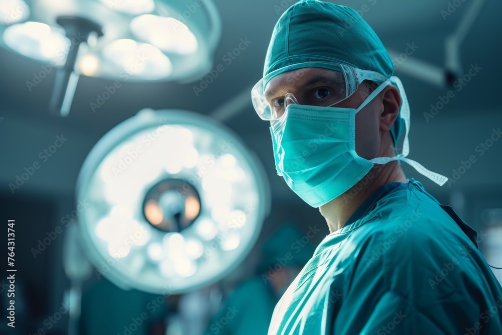 A surgeon wearing a surgical mask concentrates during a procedure in a ...