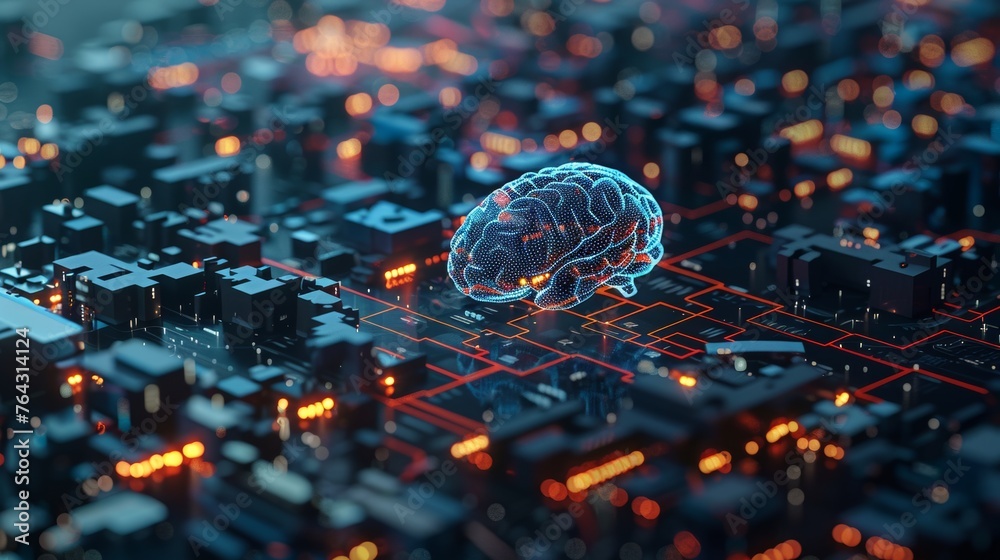 An exploration of AI and artificial intelligence innovation, featuring a digital brain and ...