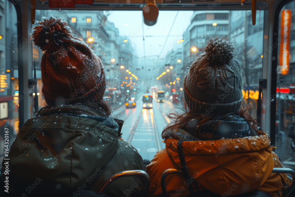 Commuters sharing a ride on the tram, gazing out the window at the ...
