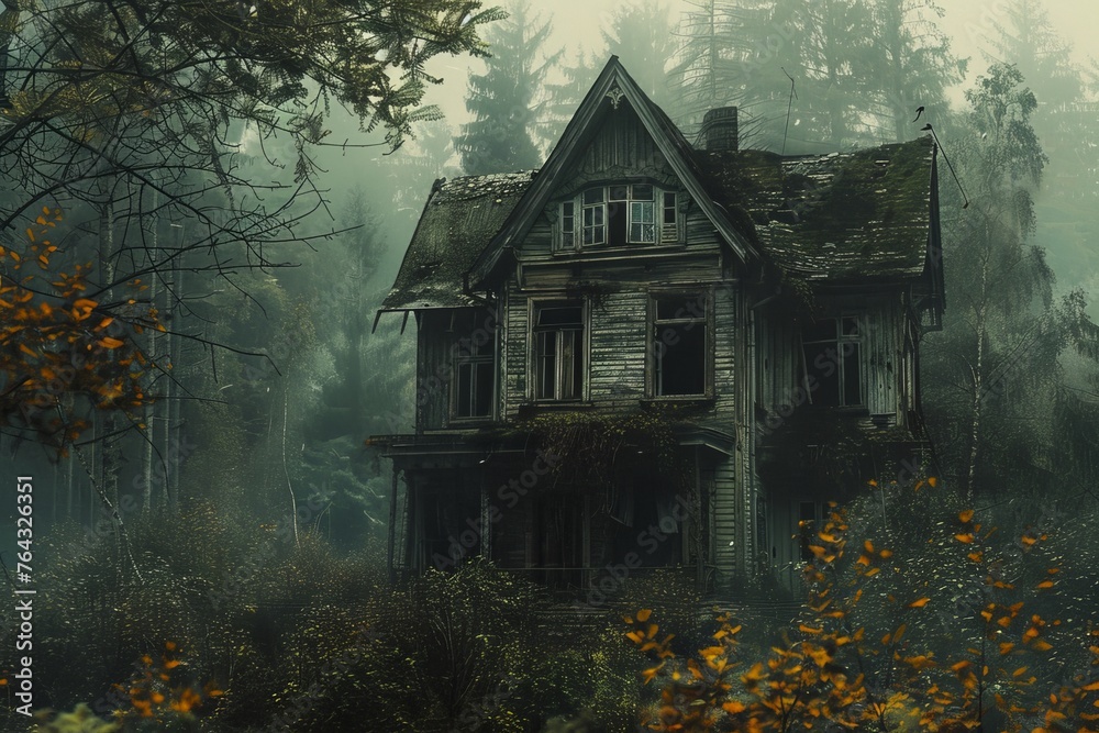 An eerie illustration of a rundown and dilapidated house hidden among ...