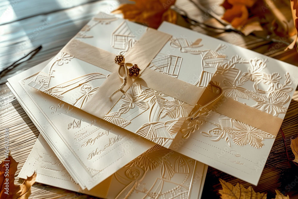 A stack of wedding invitations with a gold ribbon and a leaf design ...