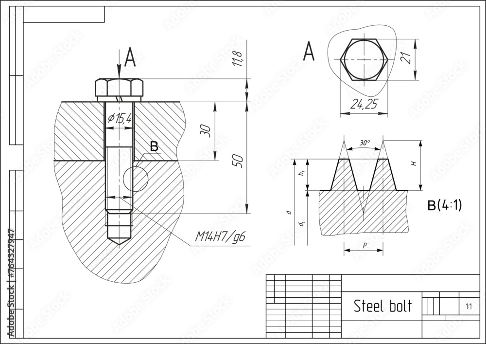 Vector engineering cad drawing of mechanical part ( steel bolt ) with ...