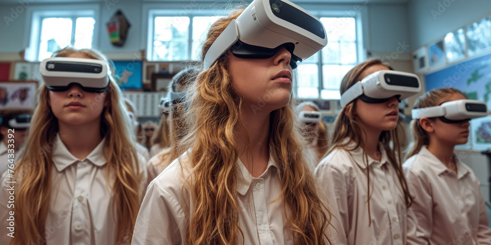 School girls with VR headsets in AR augmented reality learning, in a ...