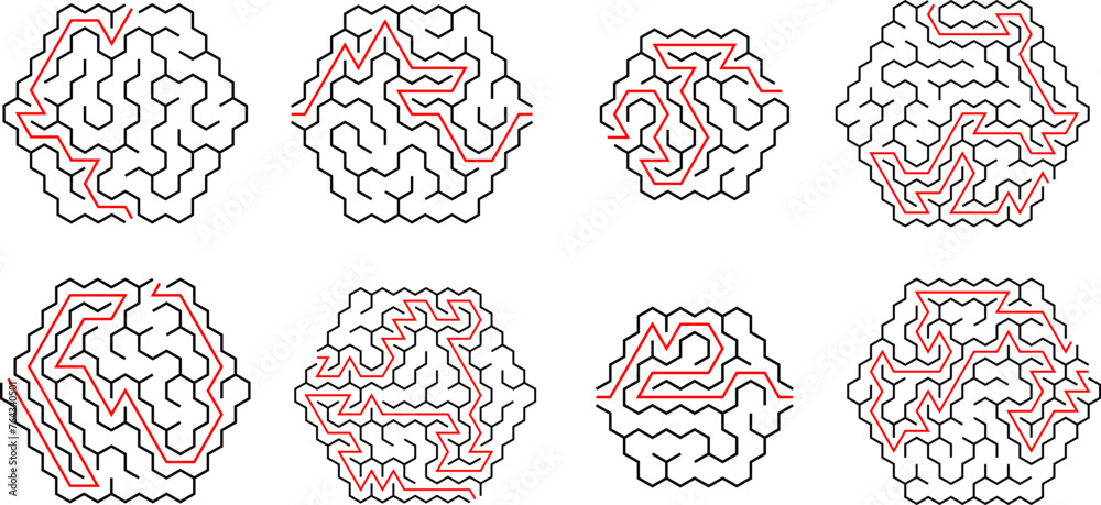 8 hexagonal mazes set inside hex shapes. Collection of original ...