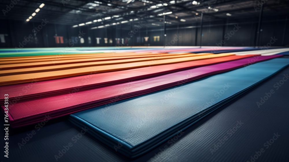 Colorful yoga mats rolled up in a row with a shallow depth of field in ...