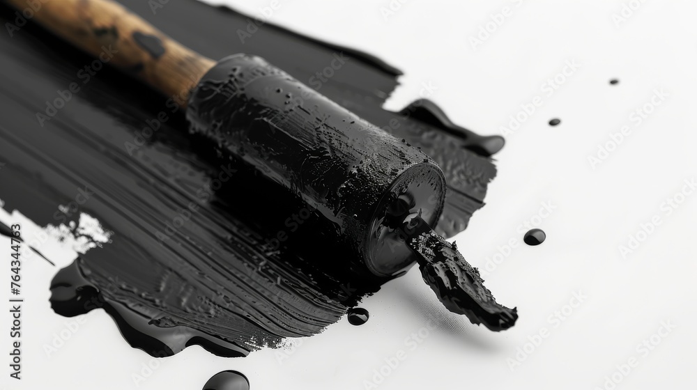 Wet dark lino ink on a roller, isolated against white background ...
