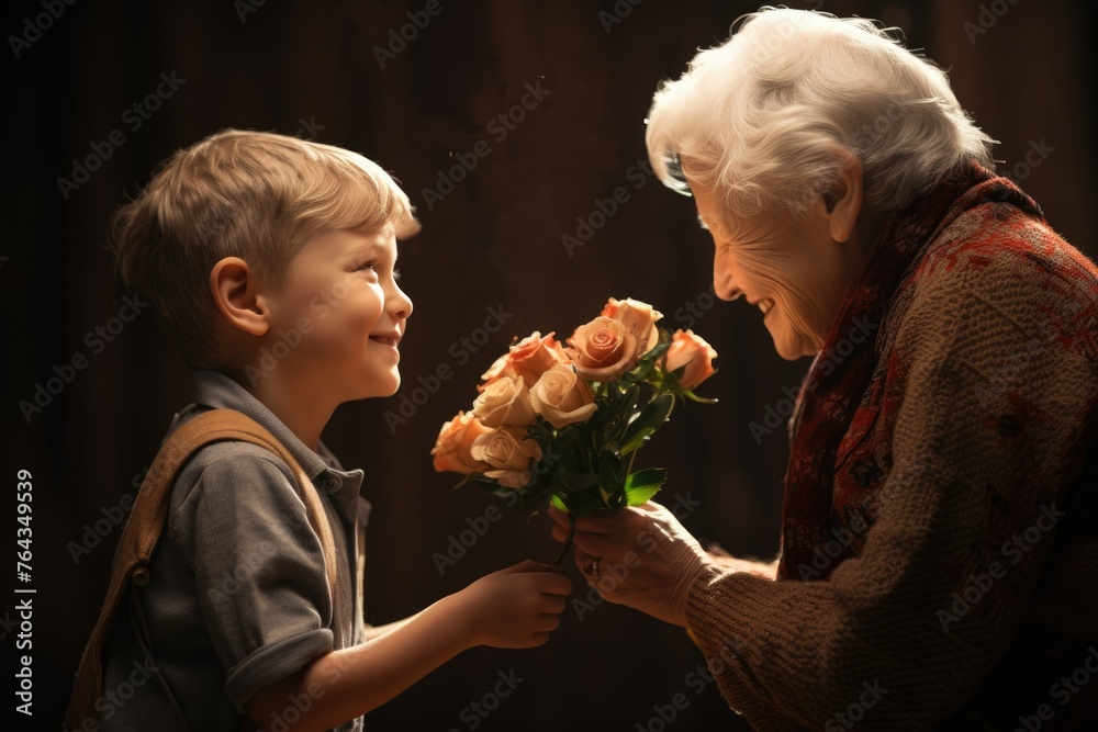 illustration of grandson and grandmother, child gives flowers. Summer ...