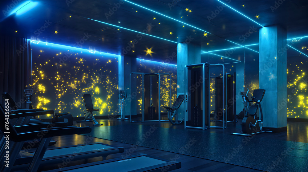 Wide angle photography of an empty modern gym room interior full of ...