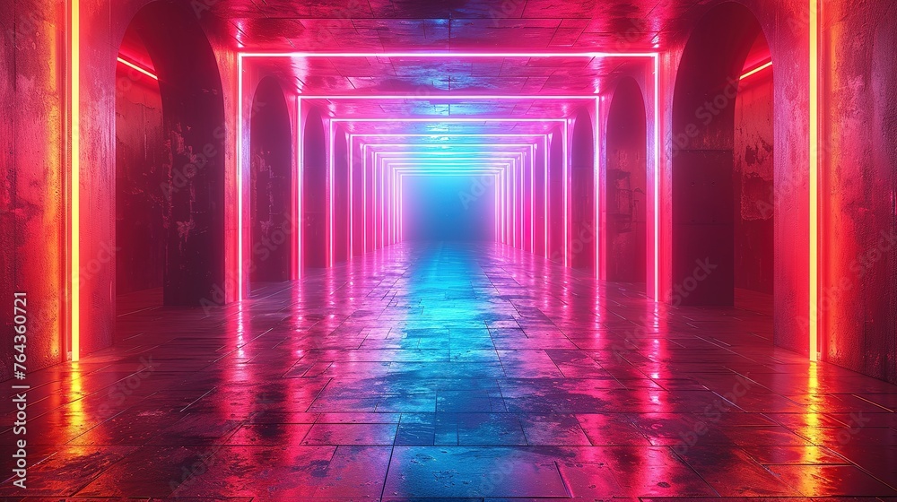 Abstract neon light geometric background. Glowing neon lines. Empty ...