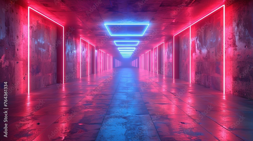 Abstract neon light geometric background. Glowing neon lines. Empty ...