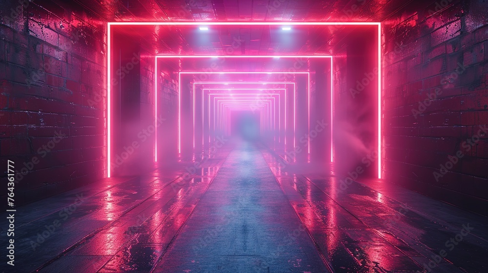 Abstract neon light geometric background. Glowing neon lines. Empty ...