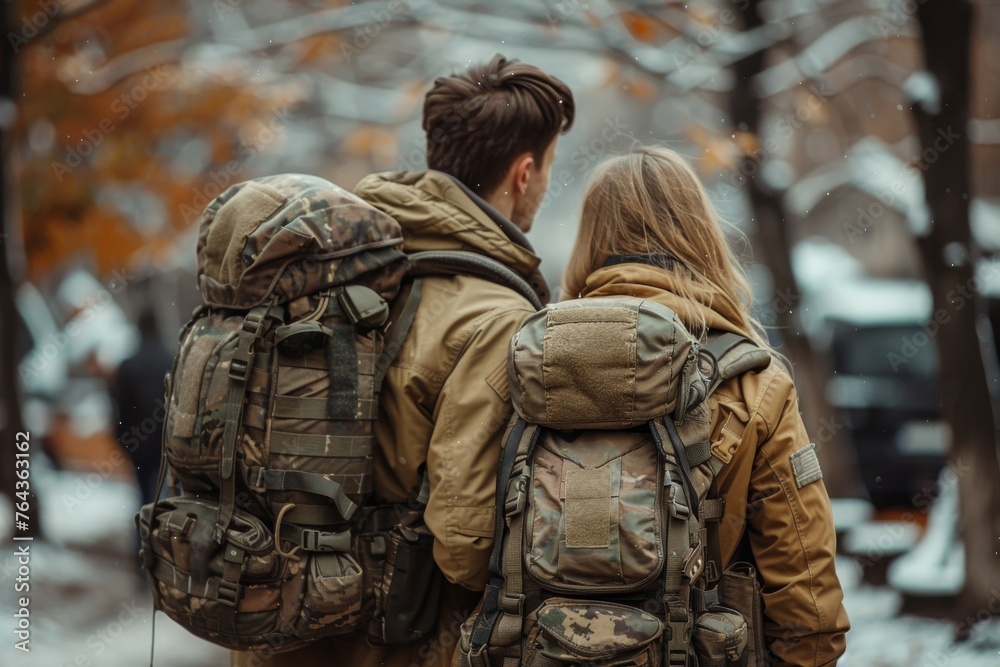 Military couple seen from behind walking closely together, wearing ...