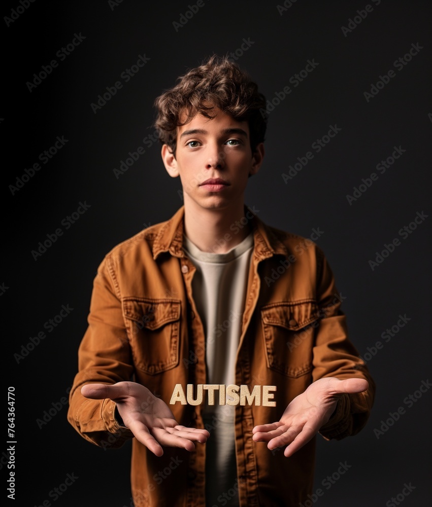 Studio portrait of a boy in jacket with hands open showing sign AUTISME ...