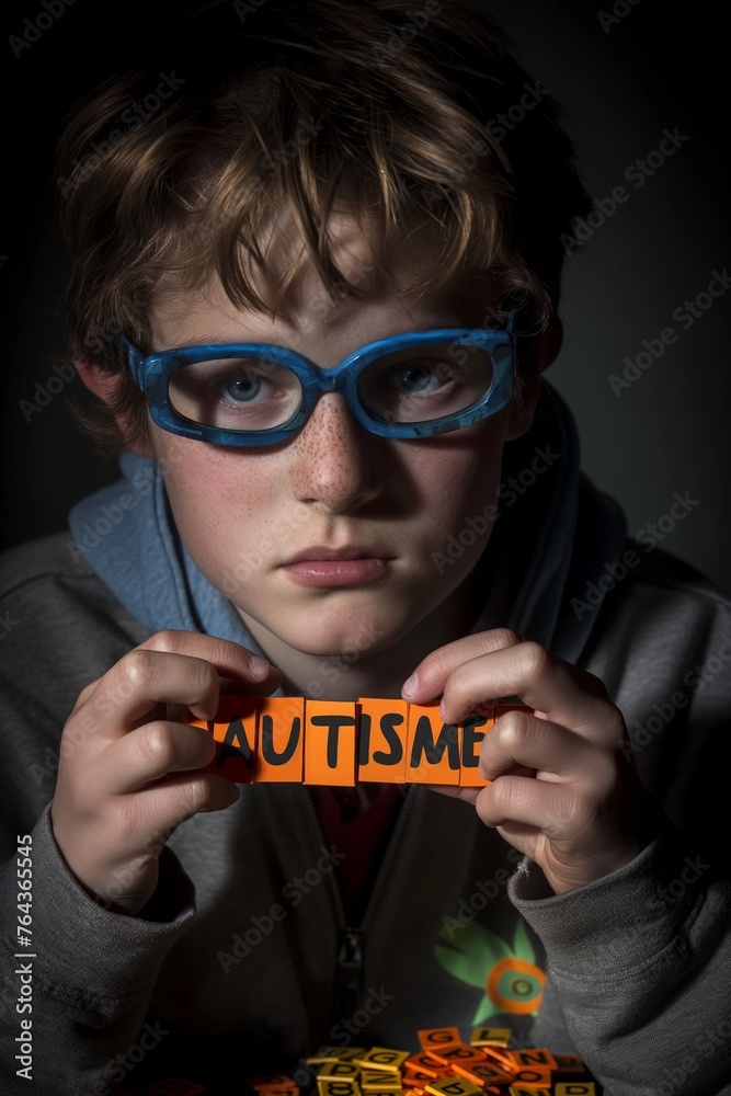 Autistic child with blue glasses and serious face, holding letters ...