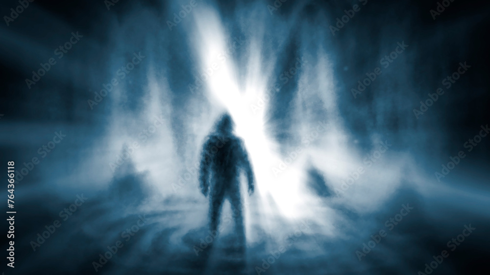 Spooky dark monk 2D illustration. One hooded man stands inside cave ...