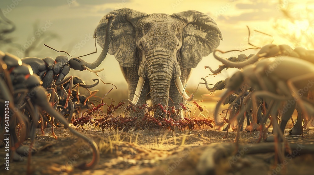 an elephant, standing defiantly in front of a live elephant ...