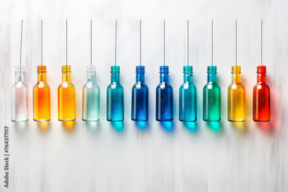Row of colored glass bottles with clear liquid and applicator for lab ...