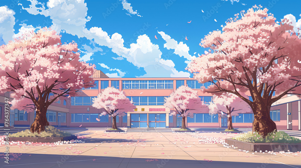 Fluid anime school background with cherry blossom trees, in the style ...