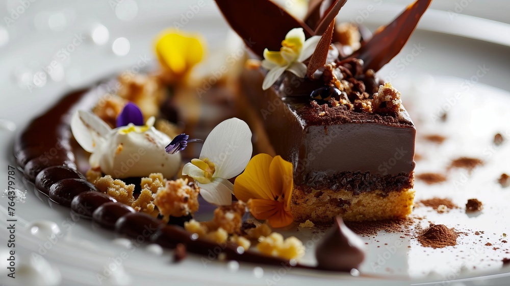 Elegant gourmet chocolate dessert adorned with edible flowers and ...