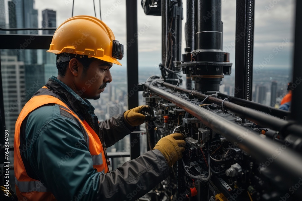 Construction workers installing equipment on skyscraper at height in ...